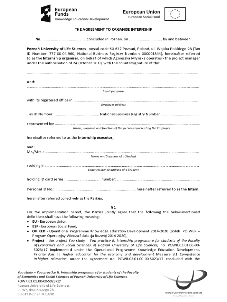 Fillable Online the agreement to organise internship Fax Email Print - pdfFiller