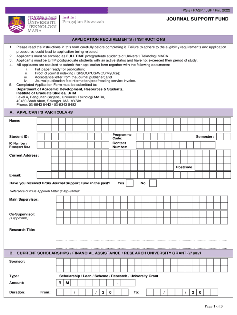 Fillable Online JOURNAL SUPPORT FUND - IPSis UiTM Fax Email Print ...