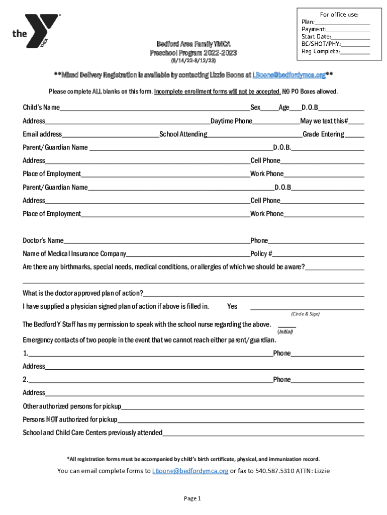 Fillable Online Our new preschool is... - Bedford Area Family YMCA Child Care Fax Email Print ...
