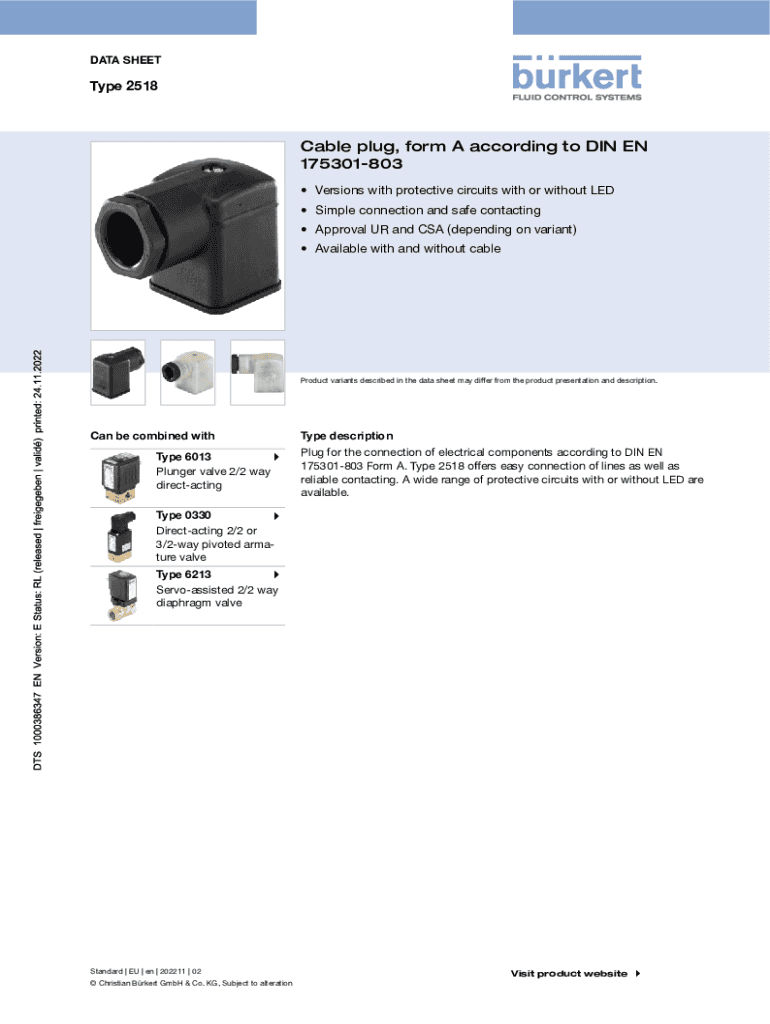 Fillable Online Type 2518 data sheetCable plug, form A according to DIN ...