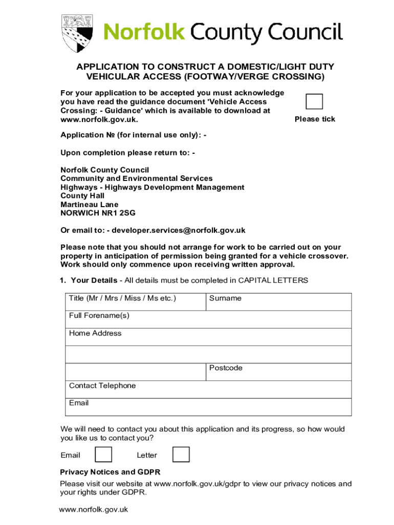 Fillable Online Domestic Vehicle CrossingPlymouth City Council Fax ...