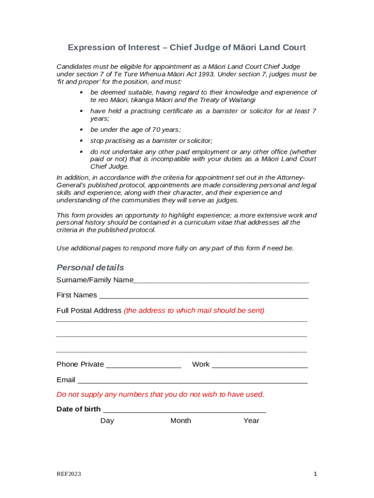 Expressions of Interest - Chief Judge of the Mori Land Court Doc Template | pdfFiller
