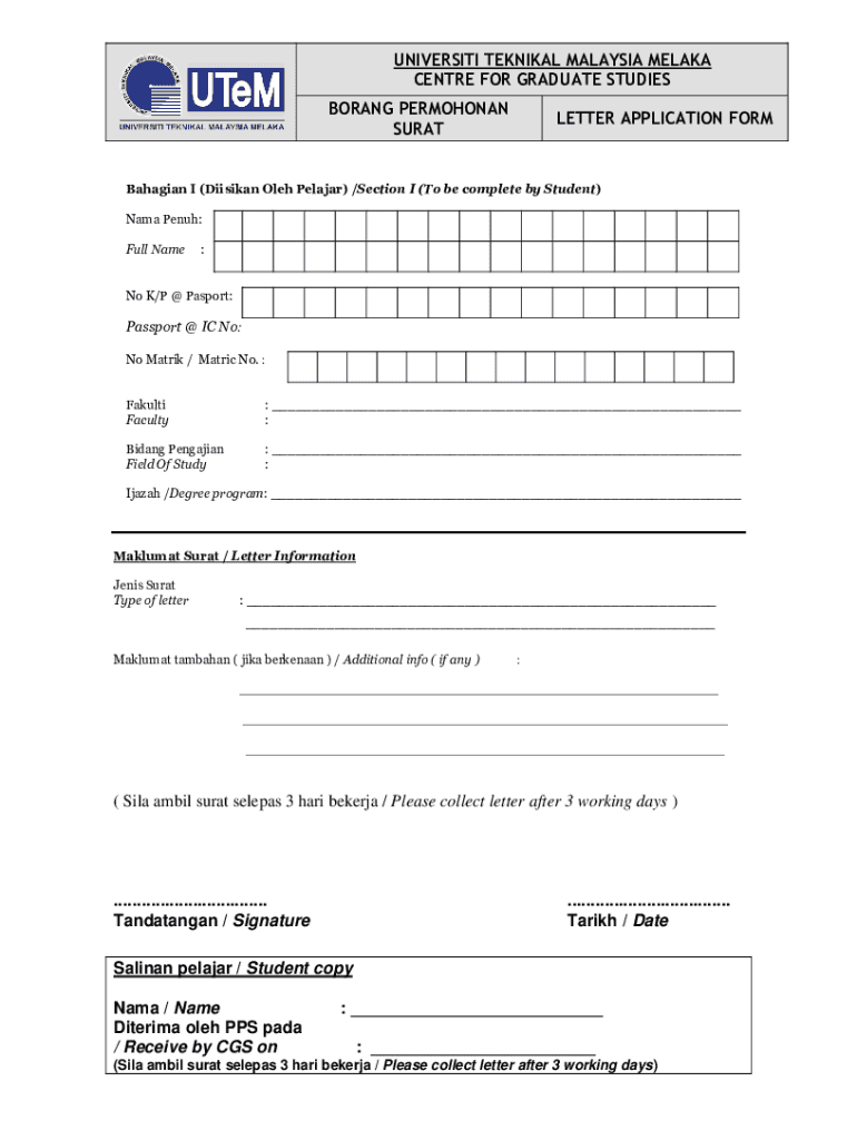 Fillable Online Letter Application Form / Borang Permohonan Surat Fax Email Print - pdfFiller