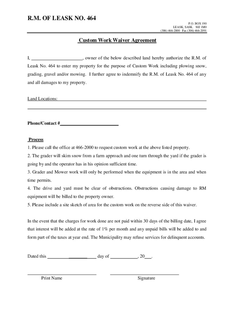 Fillable Online Custom Work Waiver Agreement Fax Email Print - pdfFiller
