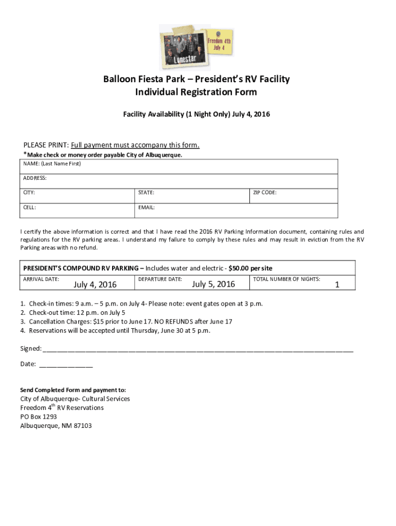Fillable Online President's RV Facility Individual Registration Form ...