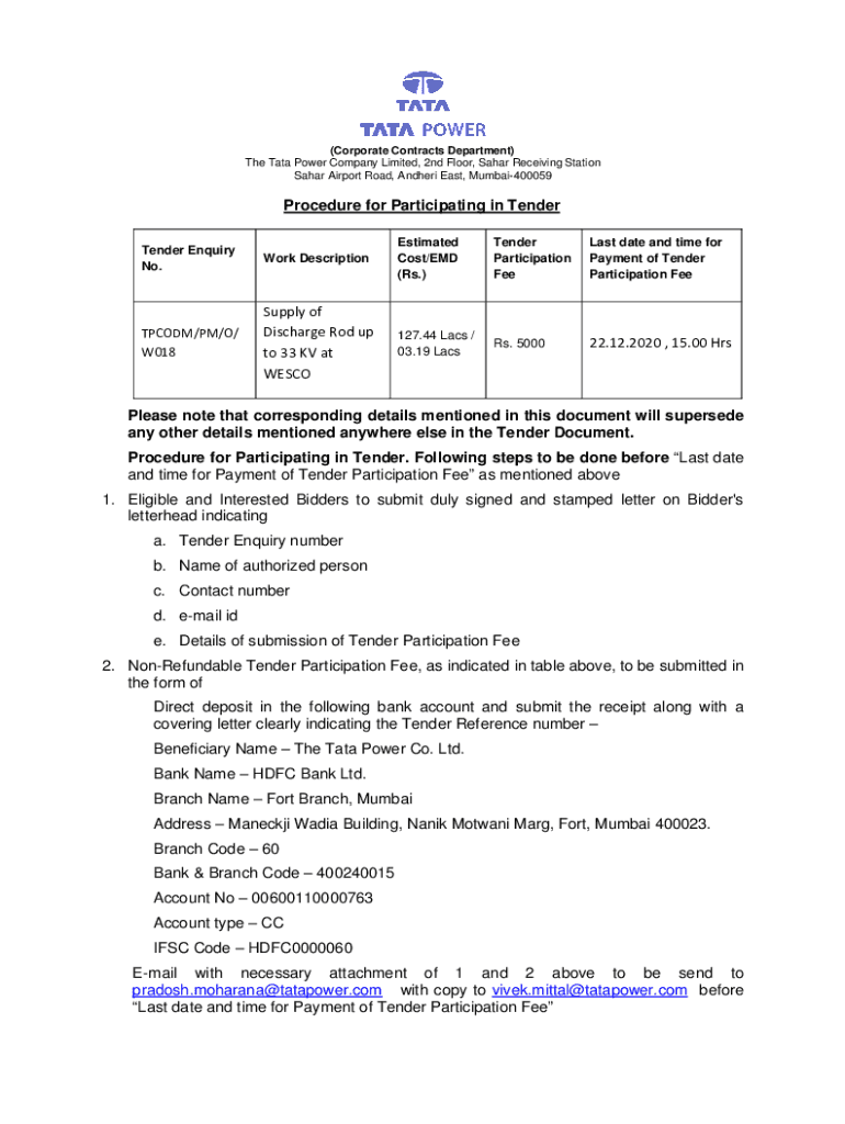 Fillable Online Procedure for Participating in Tender Rate Contract for ...