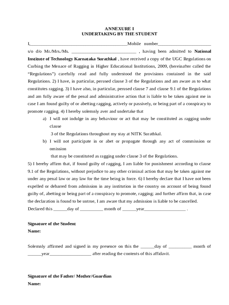 Fillable Online ANNEXURE I UNDERTAKING BY THE STUDENT ... Fax Email Print - pdfFiller