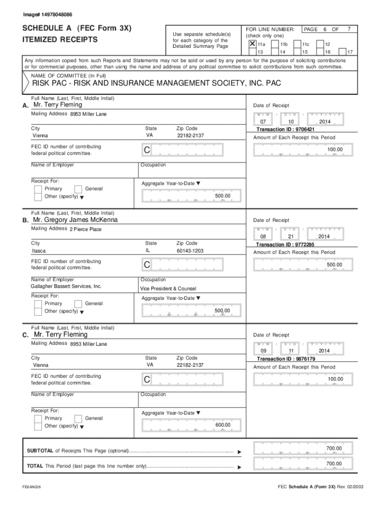 Fillable Online SCHEDULE A (FEC Form 3X) ITEMIZED RECEIPTS RISK PAC Fax ...