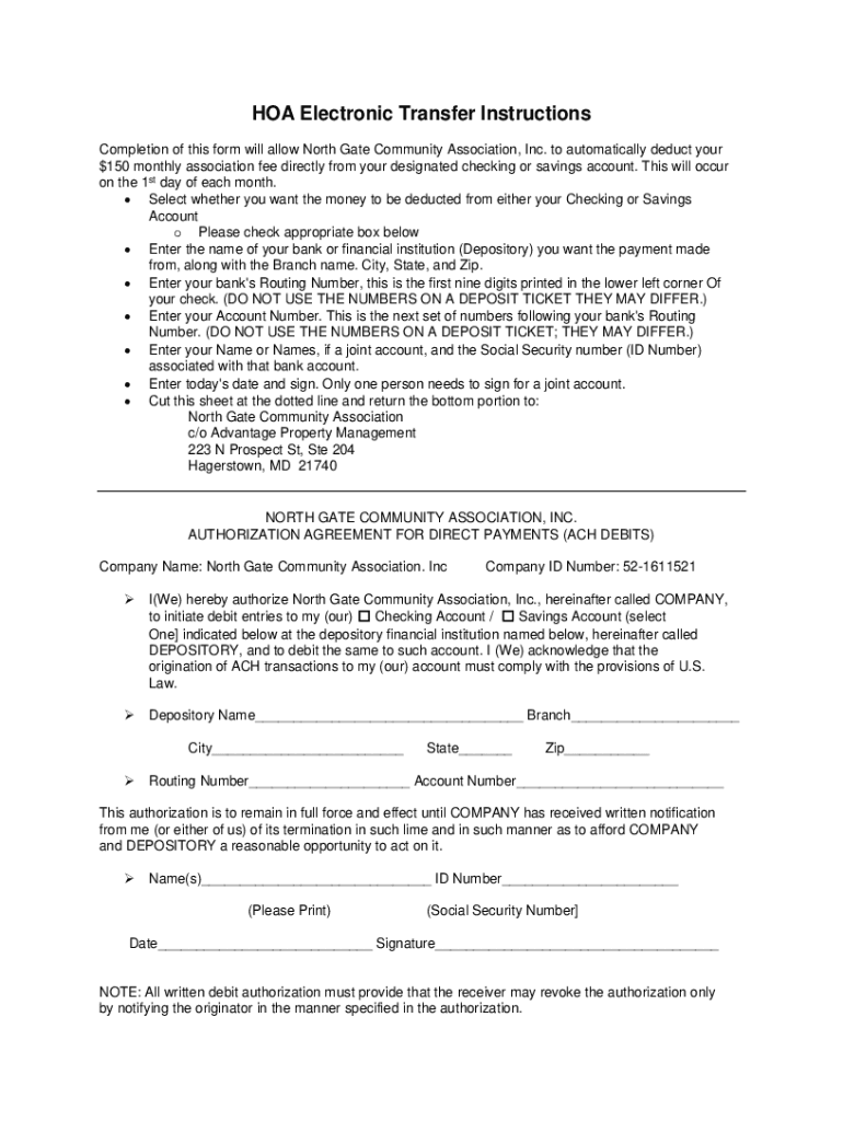 Fillable Online HOA Electronic Transfer Instructions Fax Email Print ...