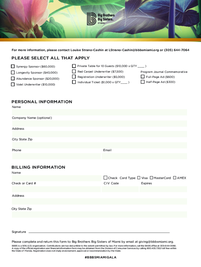 Fillable Online Big Brothers Big Sisters of Miami Metamorphosis Gala at ...