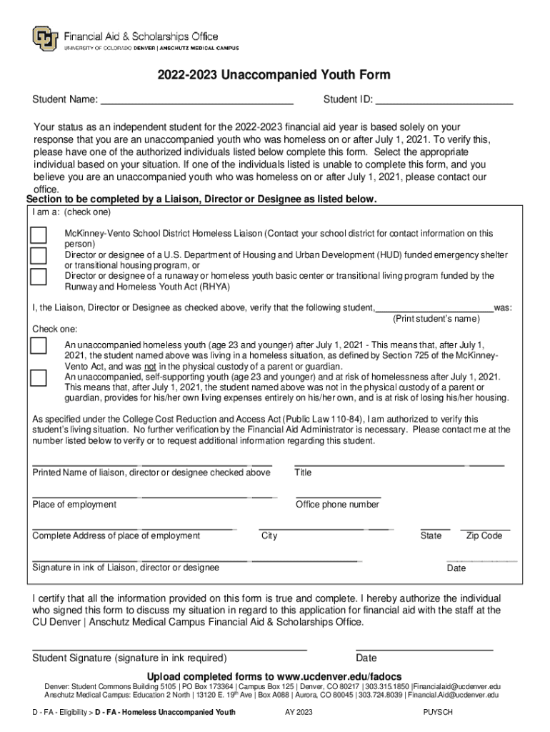 Fillable Online Unaccompanied Youth Form 2022-2023 Fax Email Print ...