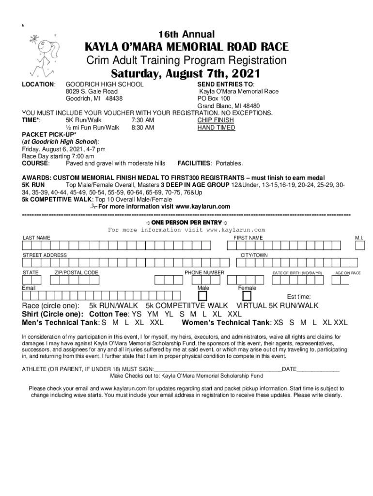 Fillable Online 5k Run/Walk - 18th Annual Kayla O'Mara Memorial Road Race Fax Email Print ...