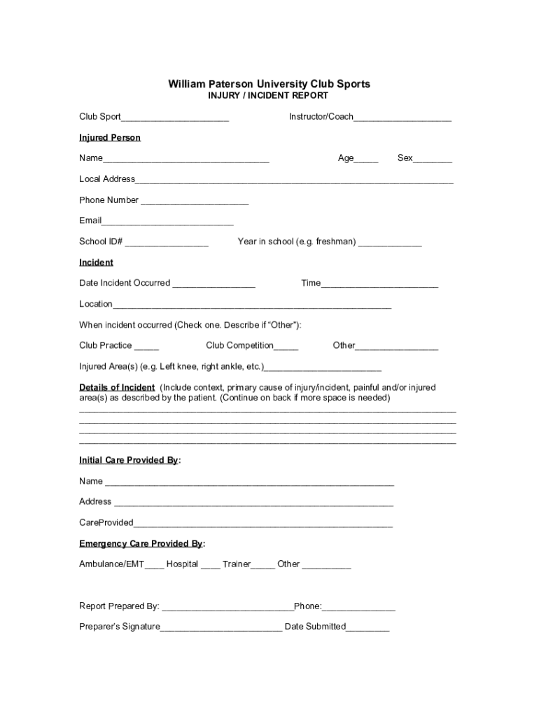Fillable Online Club Sports Injury and Incident Report Fax Email Print ...