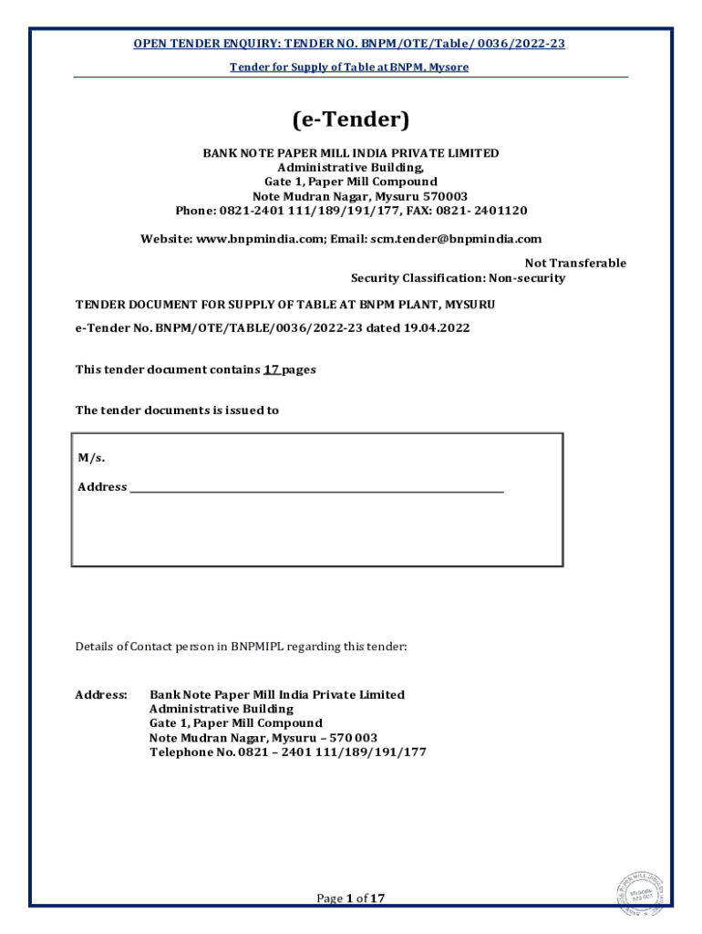 Fillable Online Tenders of Bank Note Paper Mill India Private Limited ...