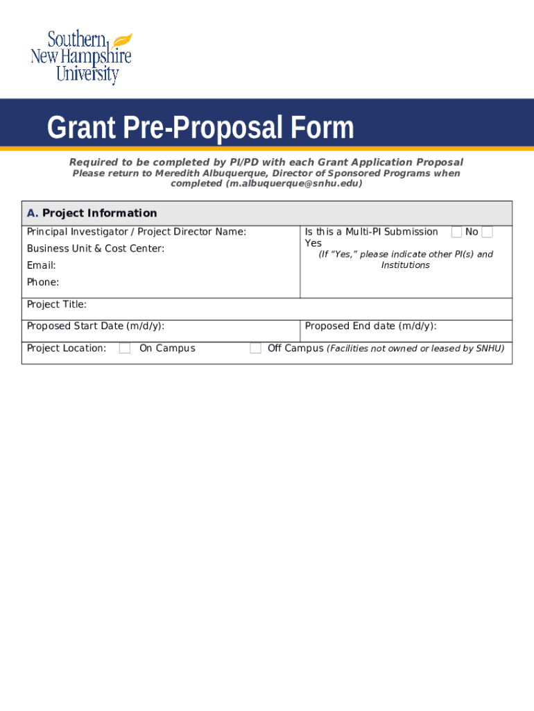 Grant Pre-Proposal - alumni snhu Doc Template | pdfFiller