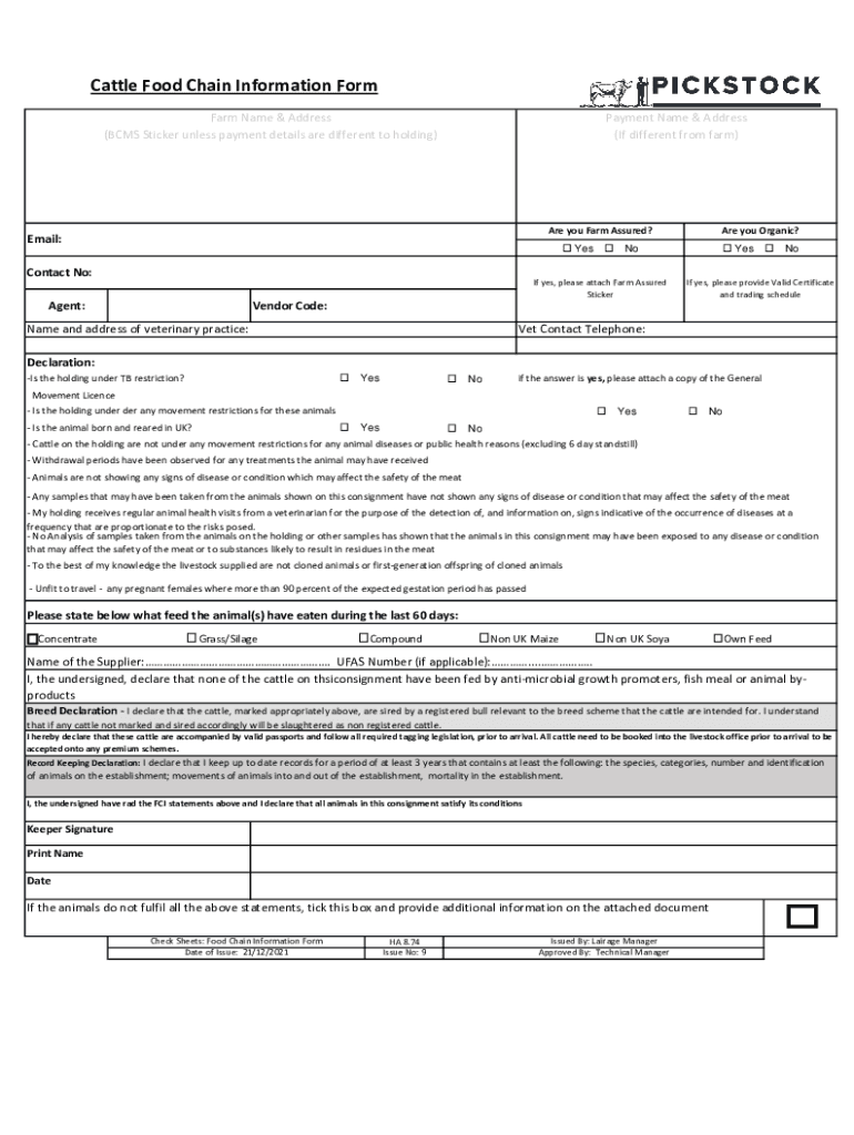 Fillable Online Food Chain Information (CATTLE I) Form A Fax Email ...
