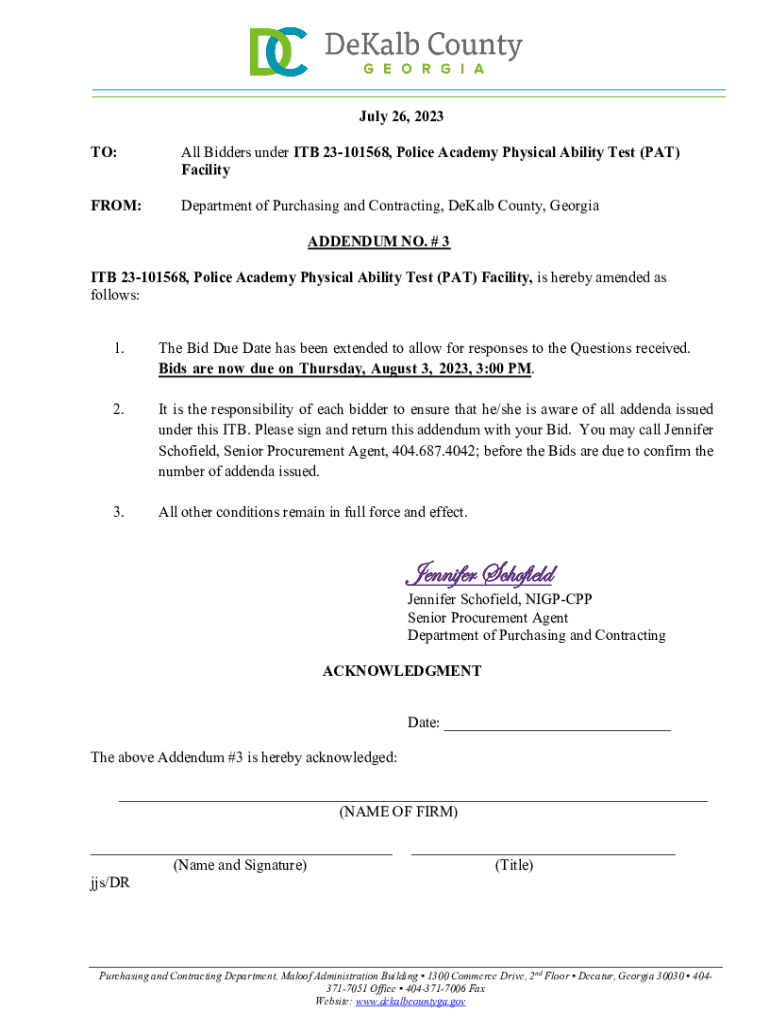 Fillable Online 23-101568, Police Academy PAT Facility - Addendum 3 Fax Email Print - pdfFiller