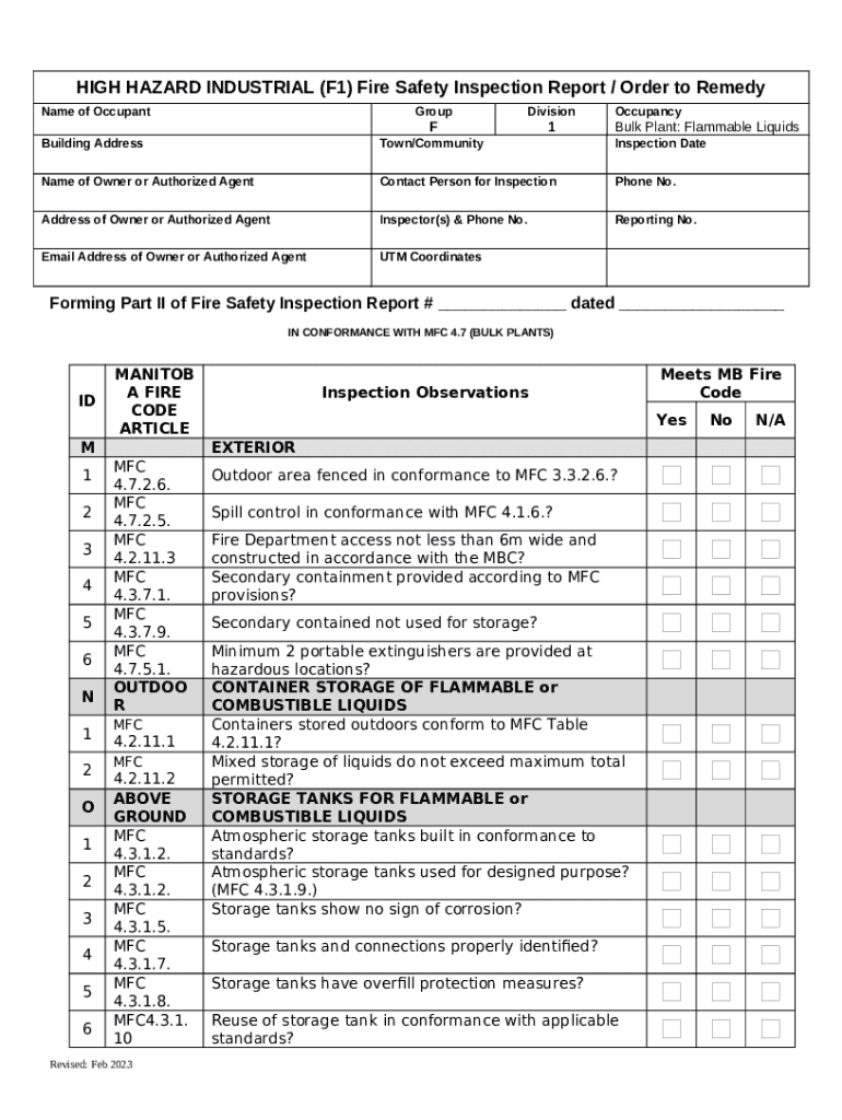 HIGH HAZARD INDUSTRIAL (F1) Fire Safety Inspection ... Doc Template ...