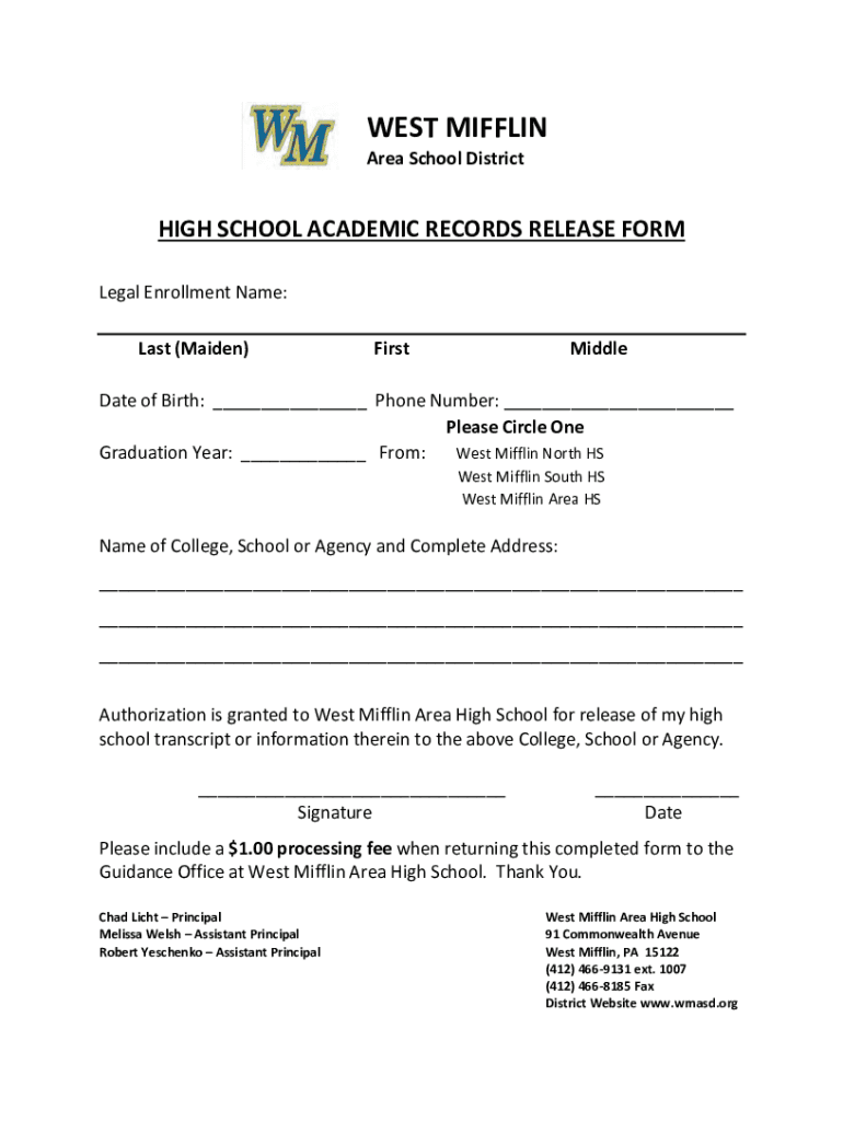 Fillable Online high school academic records release form Fax Email Print - pdfFiller