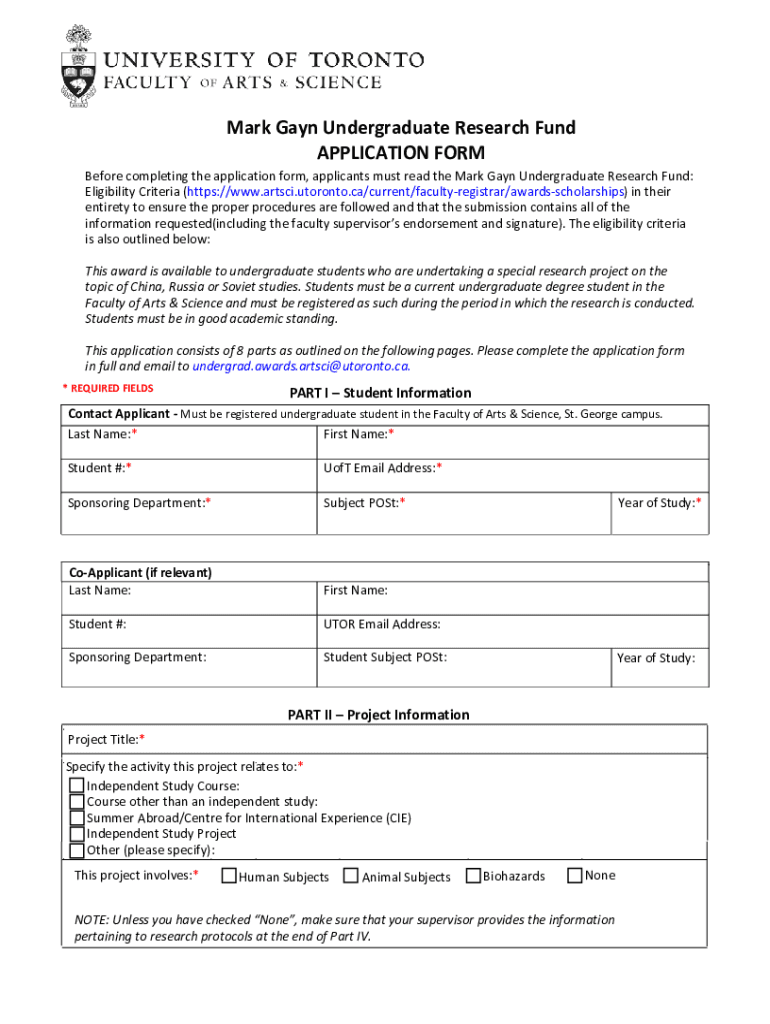 Fillable Online Mark Gayn Undergraduate Research Fund Application Form ...