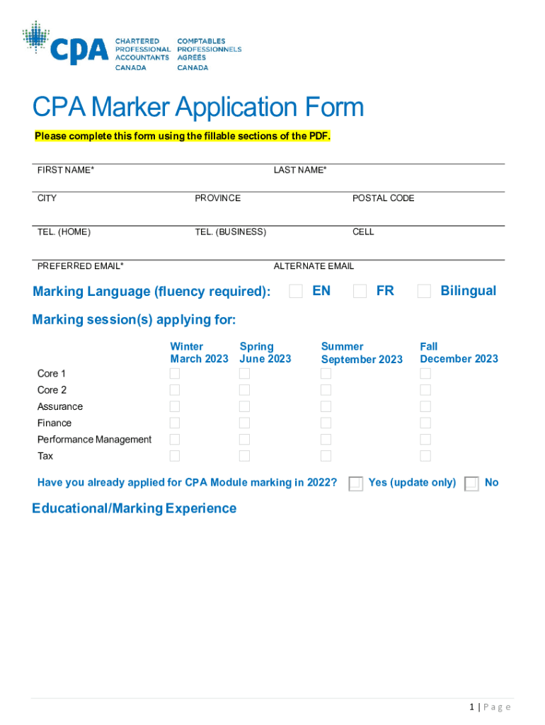 Fillable Online 2022 CPA Marker Application Form. CPA evaluations Fax Email Print - pdfFiller