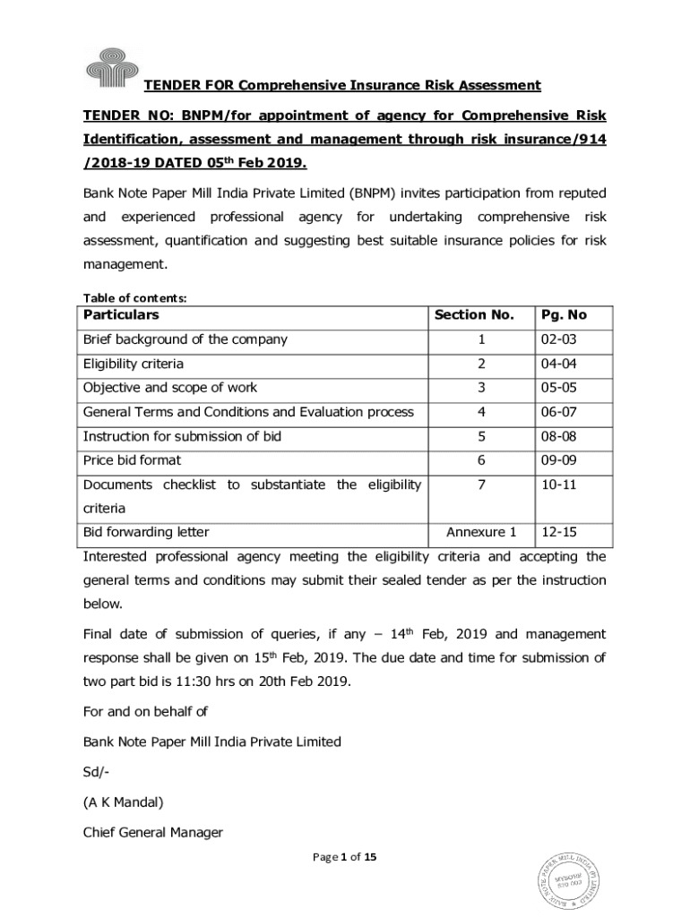 Fillable Online Tender for Comprehensive Insurance Risk Assessment at ...
