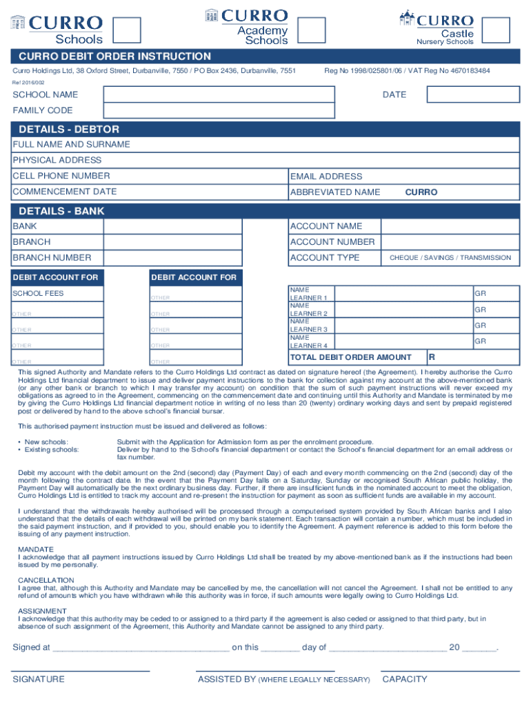 Fillable Online ST DOMINIC'S DEBIT ORDER INSTRUCTION DETAILS Fax Email ...