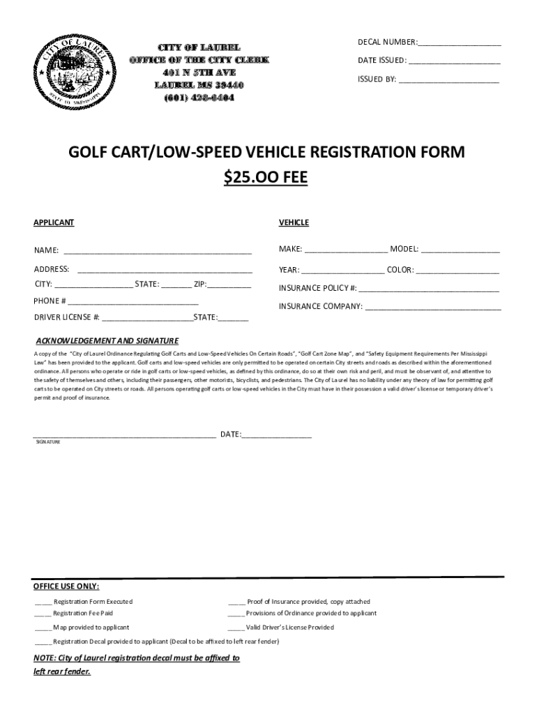 Fillable Online GOLF CART/LOW-SPEED VEHICLE REGISTRATION FORM $25 ...