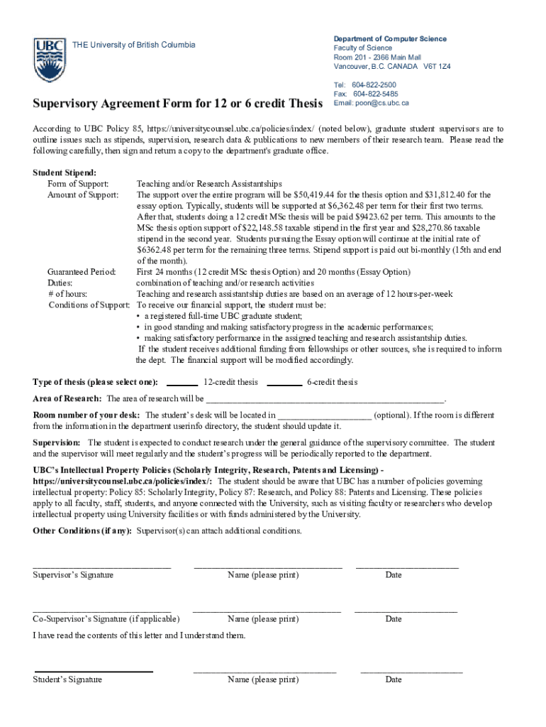 Fillable Online Supervisory Agreement Form for 12 or 6 credit Thesis Fax Email Print - pdfFiller