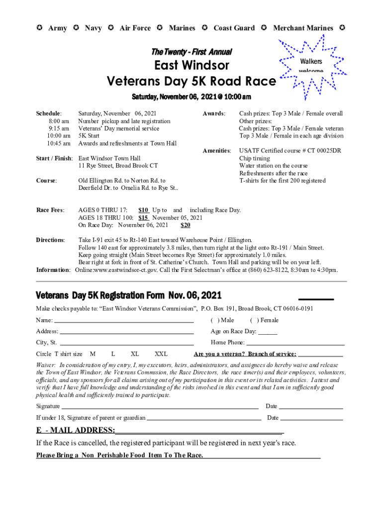 Fillable Online The Seventeenth Annual East Windsor Veterans Day 5K ...