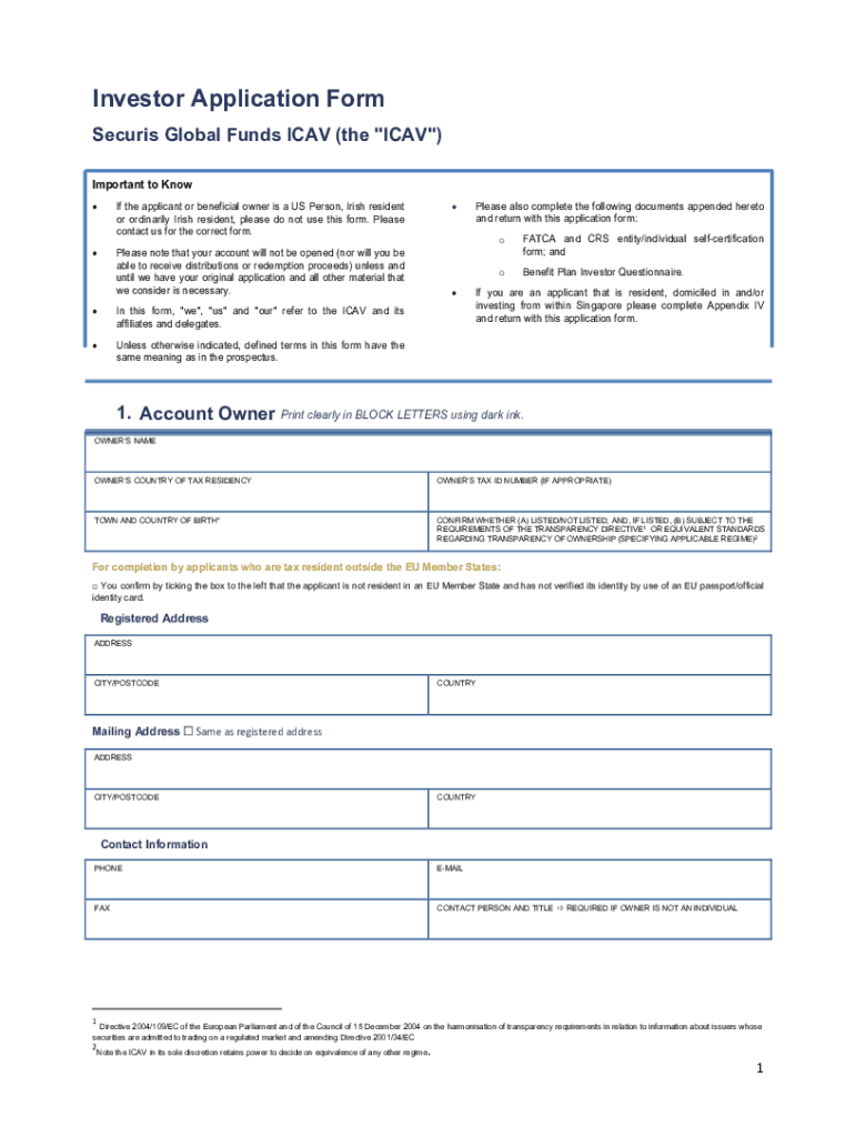 Fillable Online Account OpeningInvestor Application Form - Securis Global Funds ICAV FEB 2022 ...