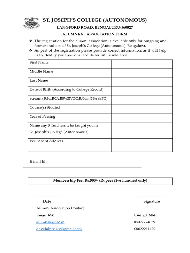 Fillable Online Alumni/ae Association, St. Joseph's College, Bangalore Fax Email Print - pdfFiller
