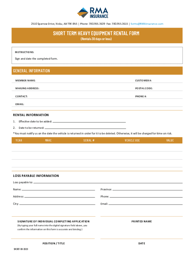 Fillable Online SHORT TERM HEAVY EQUIPMENT RENTAL FORM Fax Email Print ...