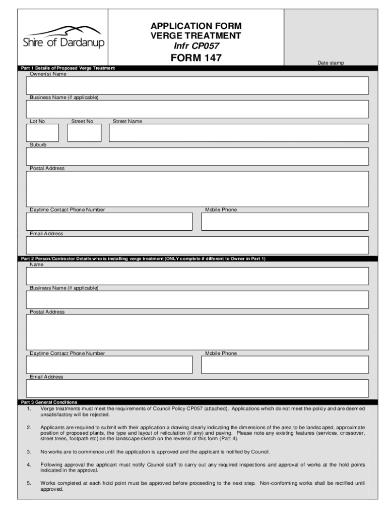 Fillable Online APPLICATION FORM VERGE TREATMENT Infr CP057 - FORM 147 ...