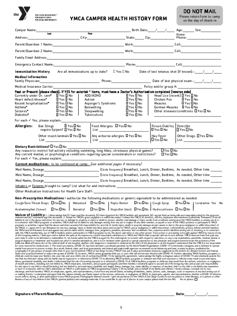 Fillable Online Summer Camp at Raintree YMCA of San Diego County Fax ...