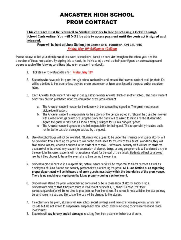 Fillable Online ANCASTER HIGH SCHOOL PROM CONTRACT Fax Email Print ...