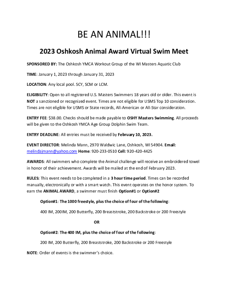 Fillable Online OSHKOSH MASTERS Animal Award SCY SWIM MEET Fax Email ...