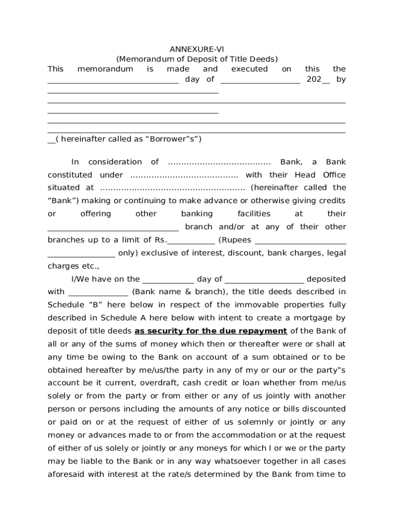 Memorandum Of Deposit Of Title Deed For Doc Template PdfFiller Memorandum Of Deposit Of Title Deed For Doc Template PdfFiller