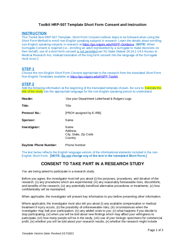 Toolkit HRP-507 Template Short Consent and Instruction - research rutgers Doc Template | pdfFiller
