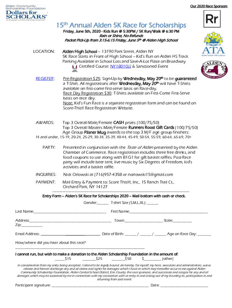 Fillable Online 13th Annual Alden 5K Race for Scholarships Running of ...