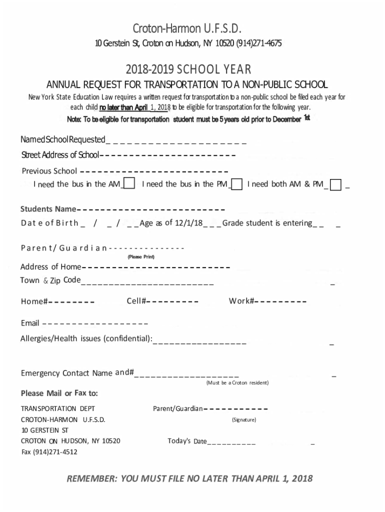 Fillable Online 2018-2019 Annual Request for Transportation to a Non-Public School Fax Email ...