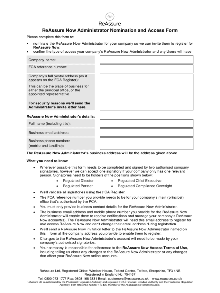 Fillable Online ReAssure Now Administrator Nomination and Access Form ...