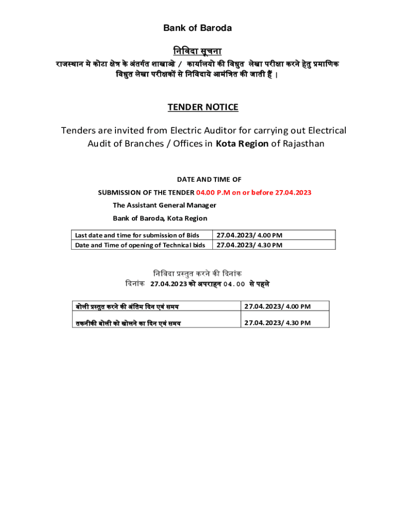 Fillable Online TENDER NOTICE Tenders are invited from Electric Auditor ...