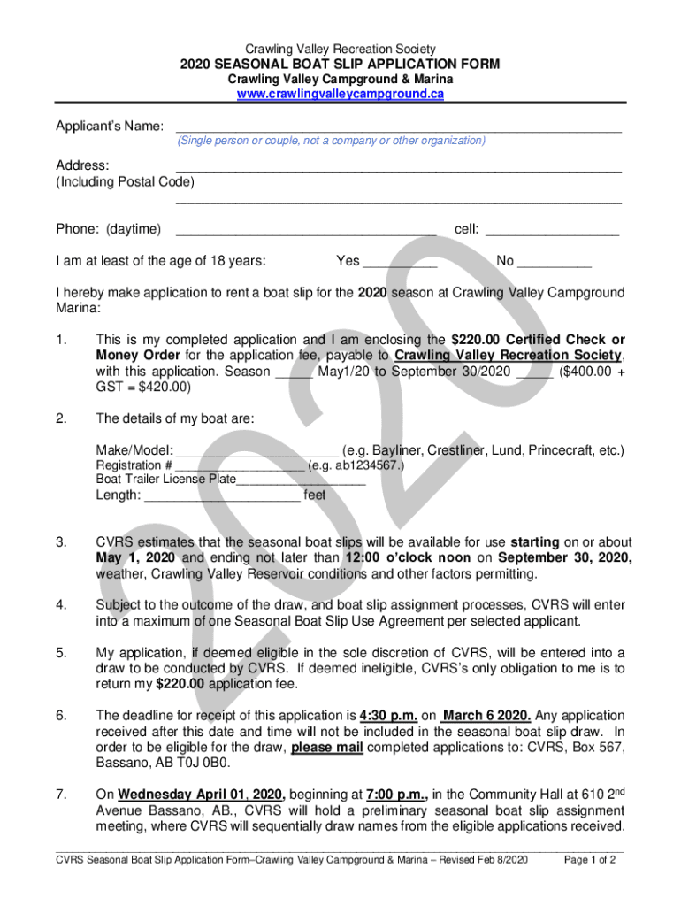 Fillable Online 2020 SEASONAL BOAT SLIP APPLICATION FORM Fax Email ...