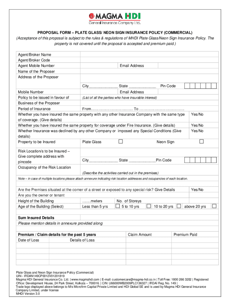 Fillable Online Proposal Form - Plate Glass and Neon Sign Insurance ... Fax Email Print - pdfFiller