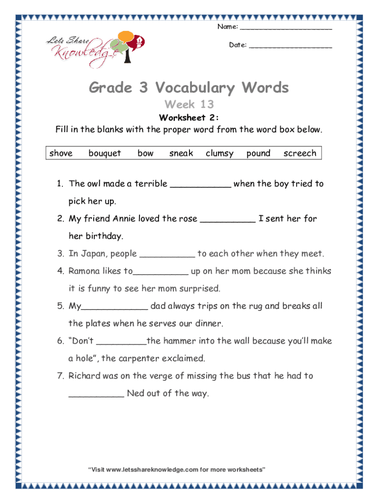 Fillable Online grade 3 vocabulary worksheets Week 12 definitions Fax ...