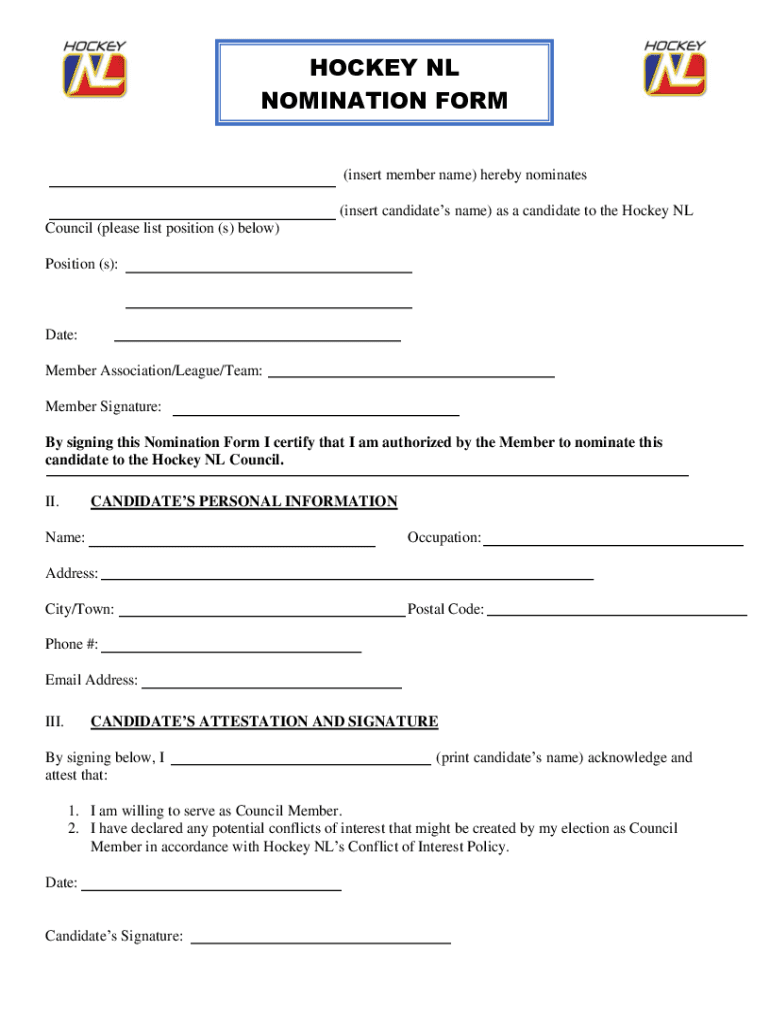 Fillable Online HOCKEY NL NOMINATION FORM Fax Email Print - pdfFiller