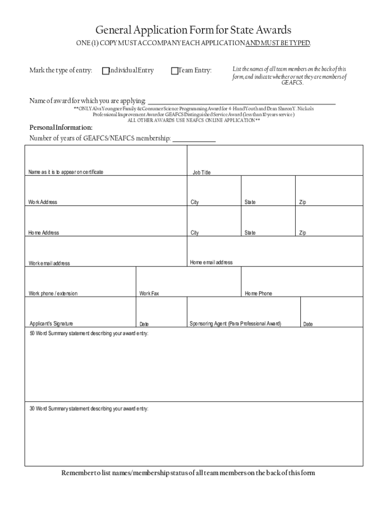 Fillable Online General Application Form for State Awards Fax Email Print - pdfFiller