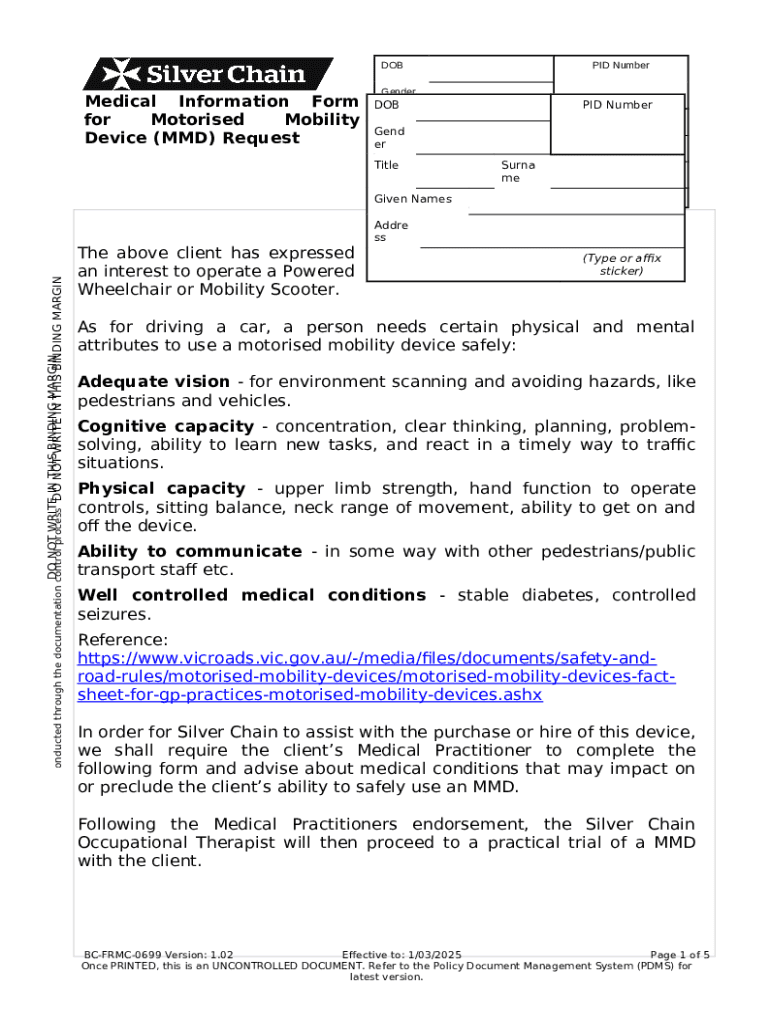 Medical Ination for Motorised Mobility Device (MMD) Request Doc Template | pdfFiller