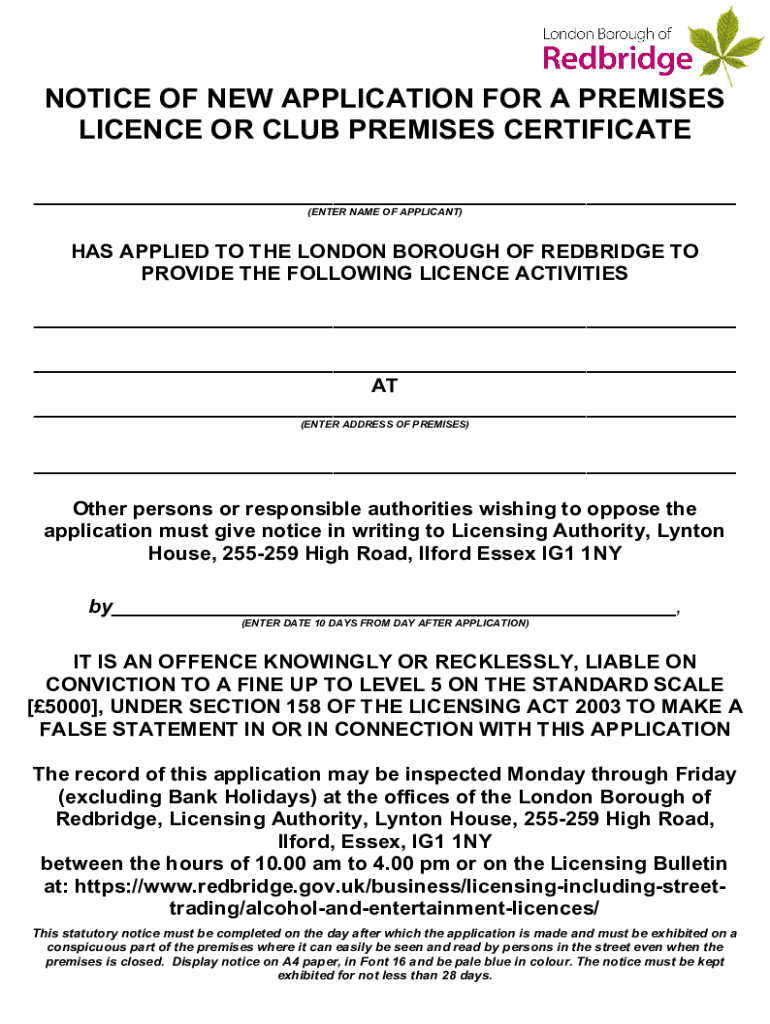 Fillable Online Application for a new club premises certificate from ...
